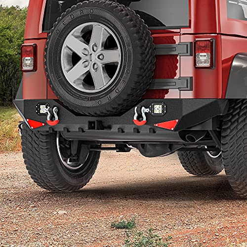 YITAMOTOR Rear Bumper Compatible with 2007-2018 Jeep Wrangler JK & JKU Unlimited, Off Road Back Bumper w/ 2" Hitch Receiver & 2x LED Lights & D-Rings, Upgraded