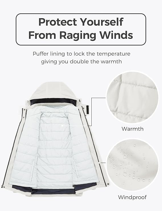 wantdo Men's 3-in-1 Winter Coat Waterproof Snow Jackets Warm Skiing Jacket with Hood White L