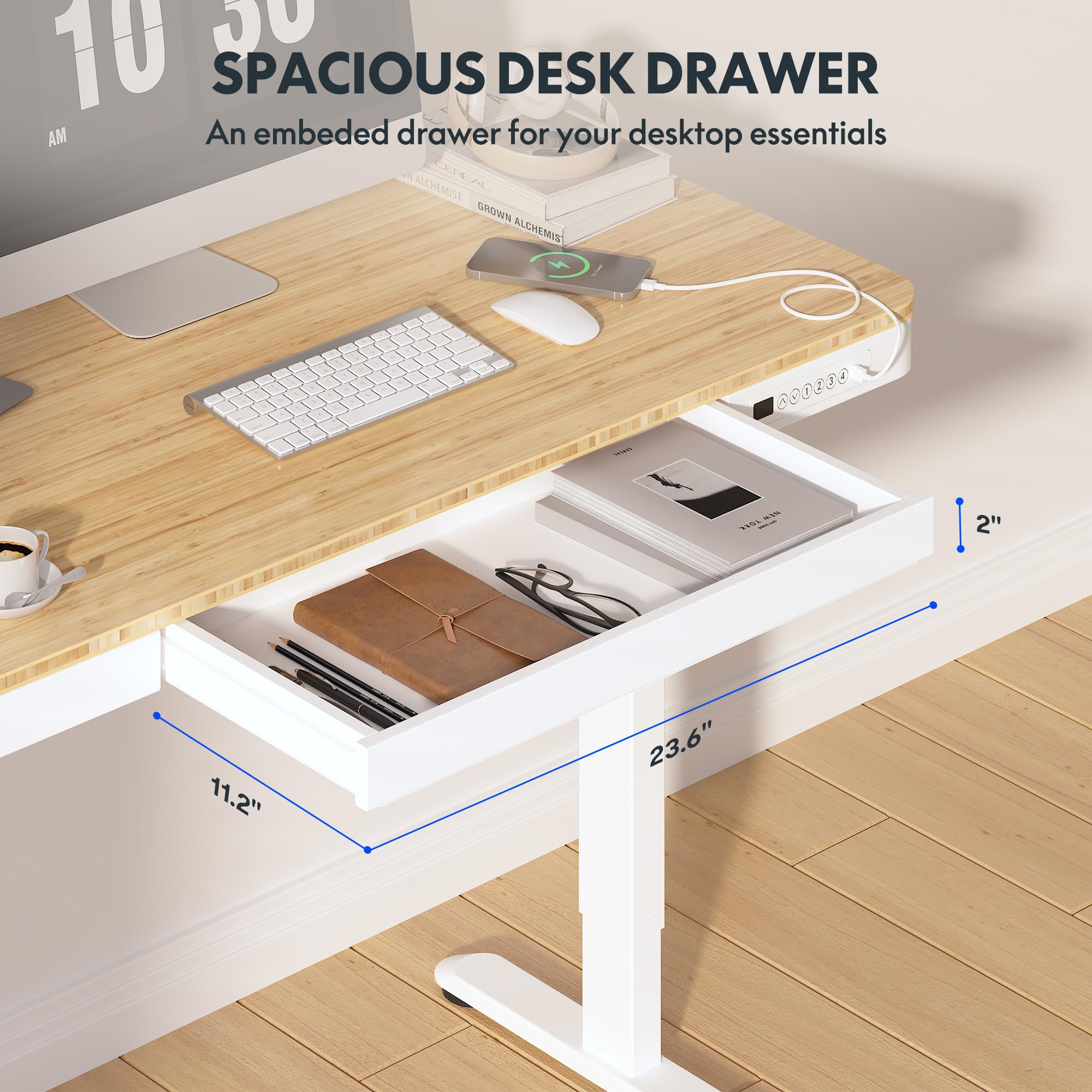 FLEXISPOT Comhar Electric Standing Desk with Drawer Desktop & Adjustable Frame w/USB Charge Ports (Bamboo Texture/White, Wood)