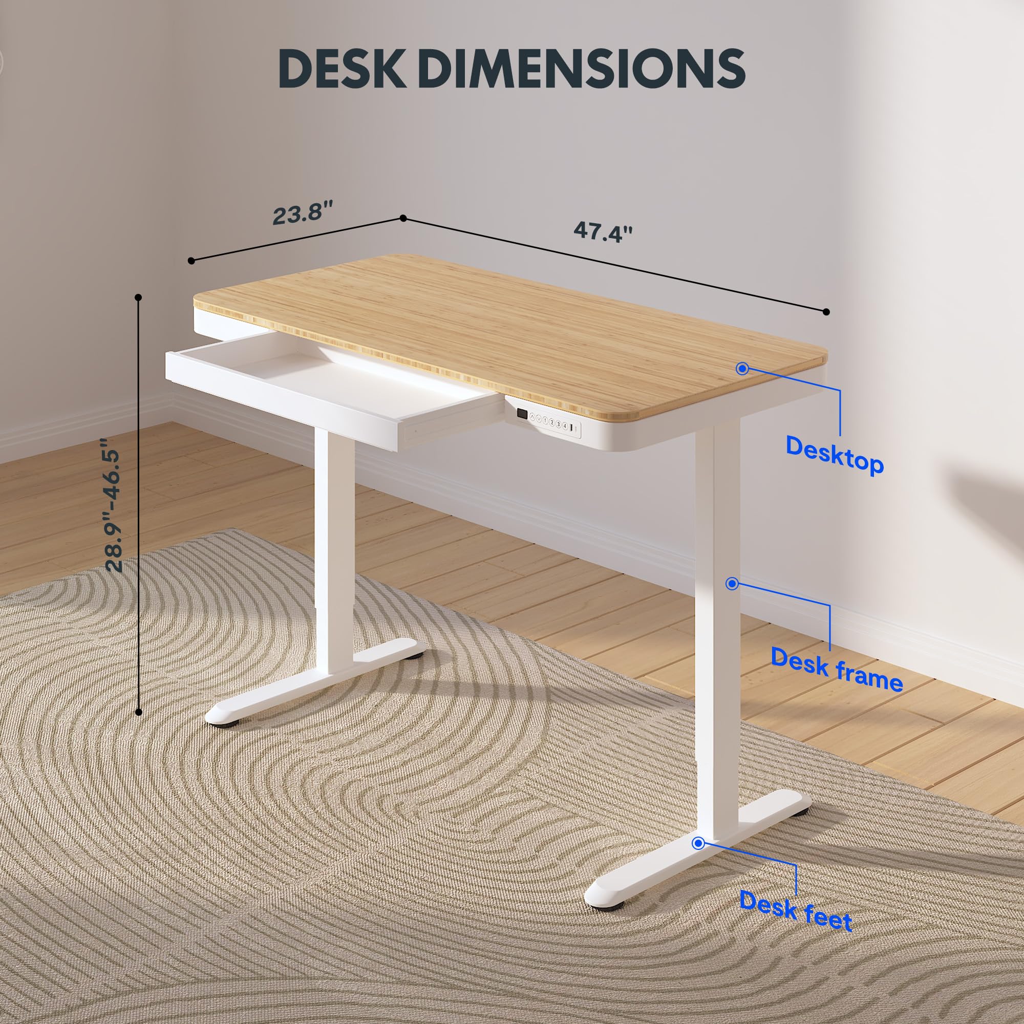FLEXISPOT Comhar Electric Standing Desk with Drawer Desktop & Adjustable Frame w/USB Charge Ports (Bamboo Texture/White, Wood)