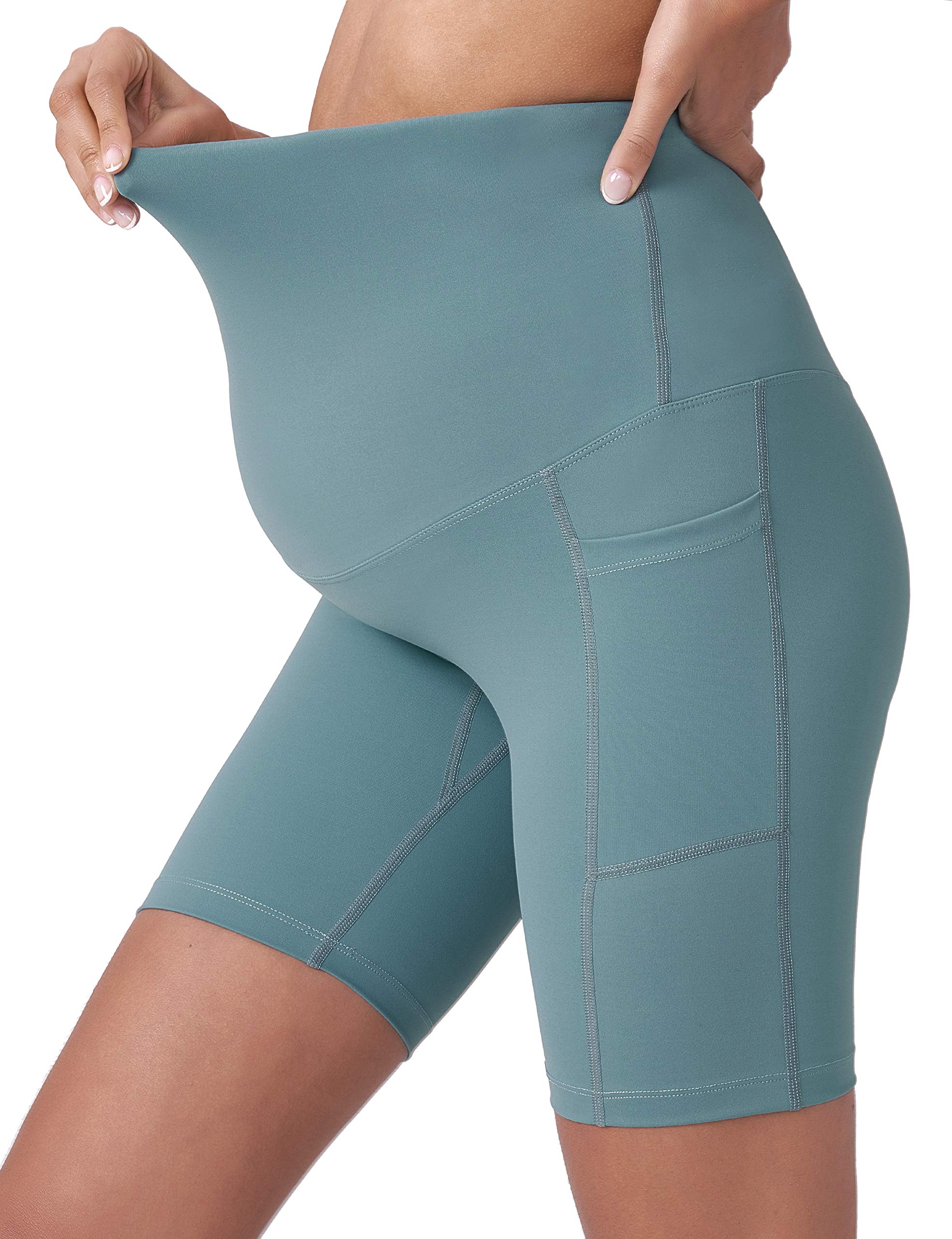 POSHDIVAH Women's Maternity Yoga Shorts Over The Belly Bump Workout Active Short Pants Light Green 8" Large