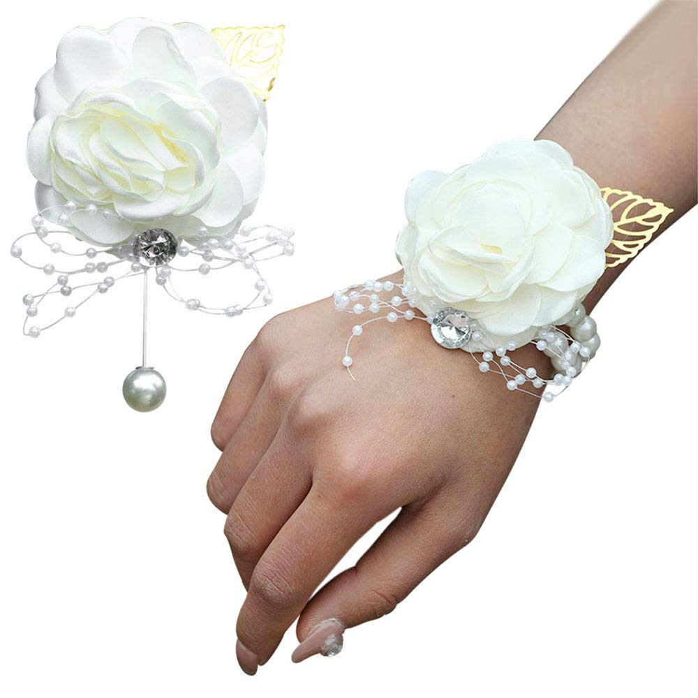XAN Bridesmaid Wrist Flower Corsage Bride Silk Wrist Flower, with Artificial Pearl Bead Elastic Bracelet Wristband Gold Leaf, Used for Wedding Ball Hand Flower Decoration (Burgundy Combination)