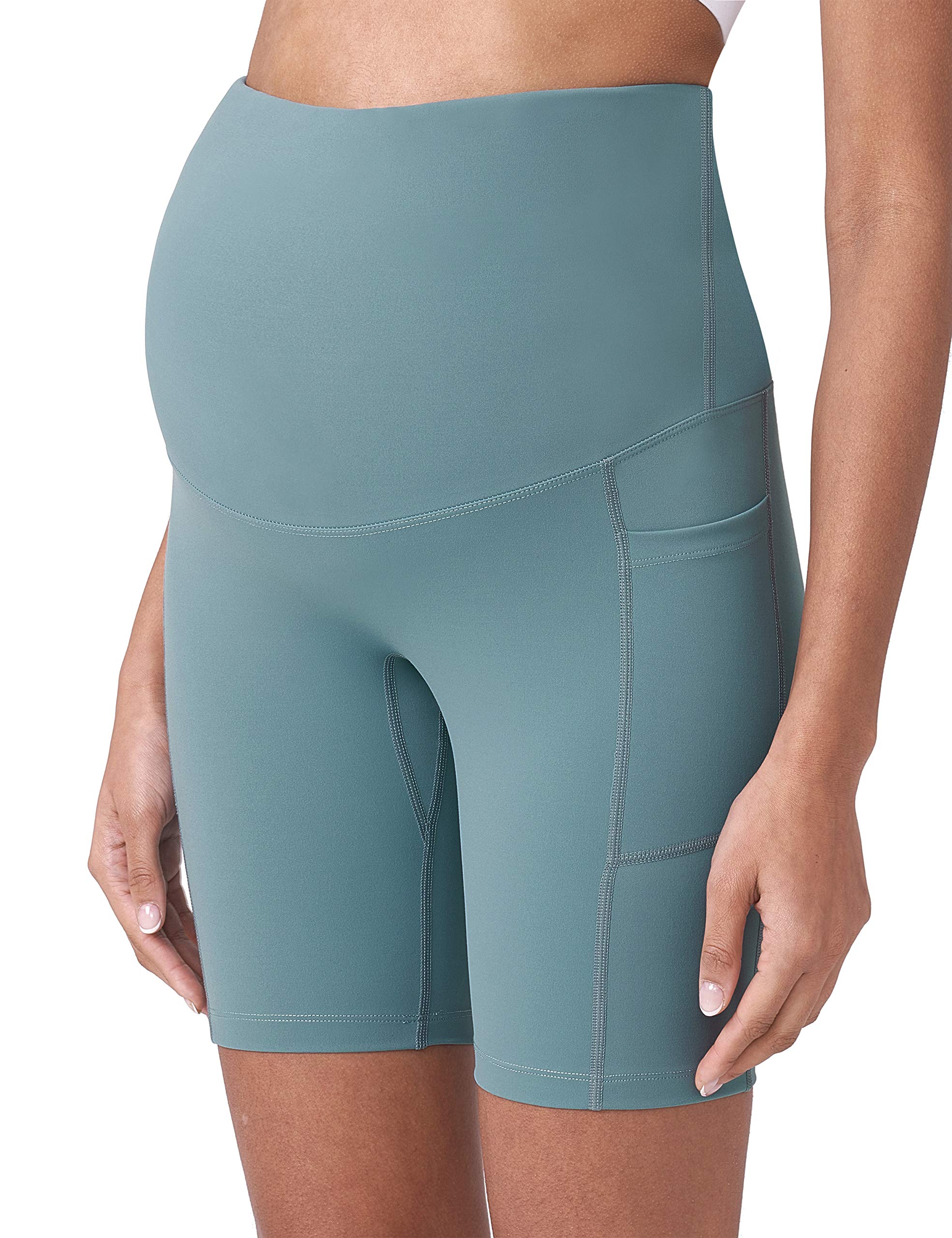 POSHDIVAH Women's Maternity Yoga Shorts Over The Belly Bump Workout Active Short Pants Light Green 8" Large