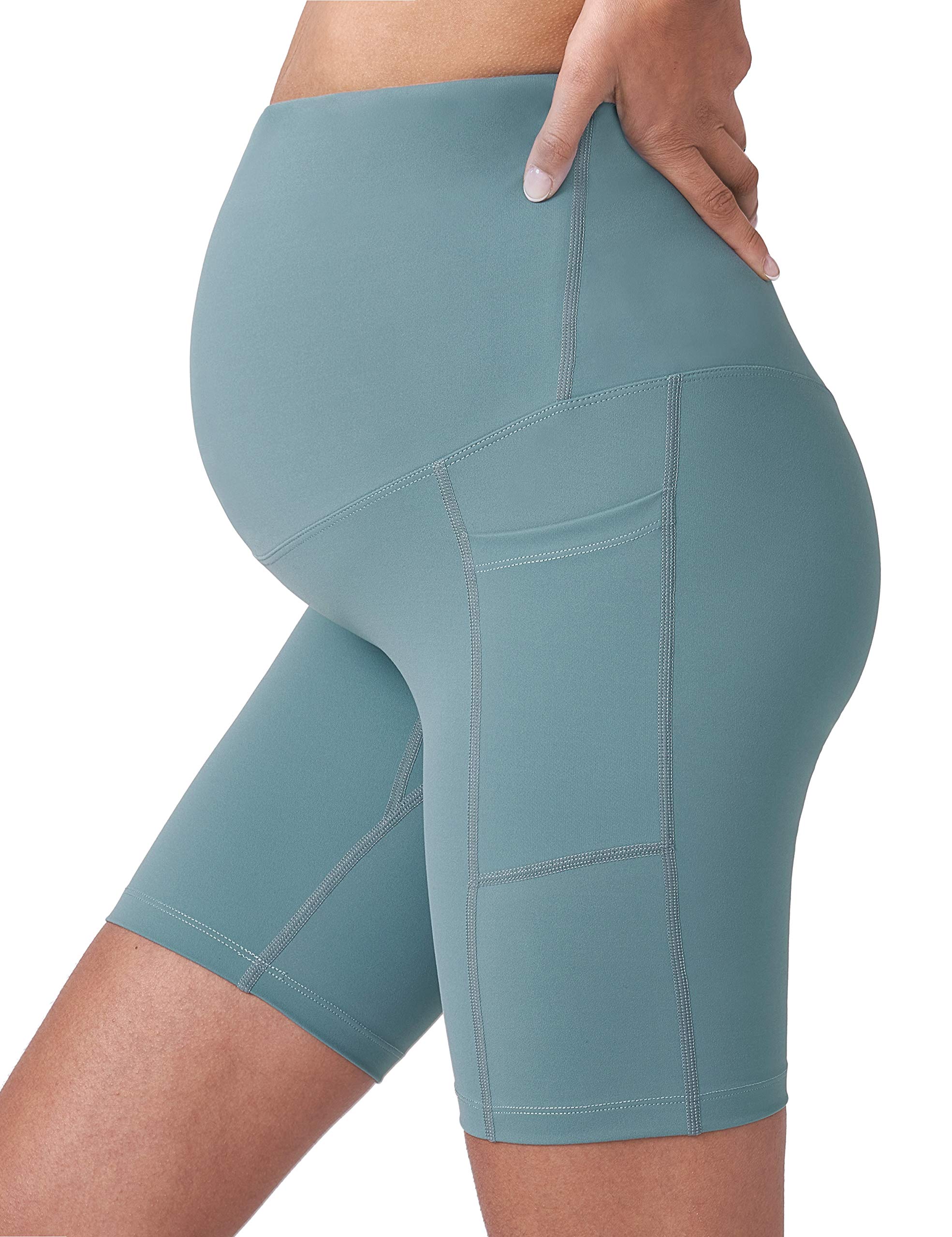 POSHDIVAH Women's Maternity Yoga Shorts Over The Belly Bump Workout Active Short Pants Light Green 8" Large