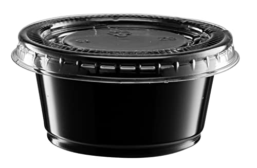 {2 oz - 100 Sets} Black Diposable Plastic Portion Cups With Lids, Small Mini Containers For Portion Controll, Jello Shots, Meal Prep, Sauce Cups, Slime, Condiments, Medicine, Dressings, Crafts, Disposable Souffle Cups & Much more
