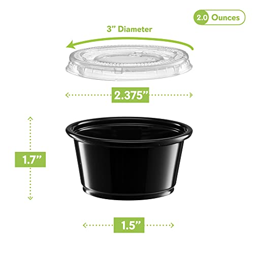 {2 oz - 100 Sets} Black Diposable Plastic Portion Cups With Lids, Small Mini Containers For Portion Controll, Jello Shots, Meal Prep, Sauce Cups, Slime, Condiments, Medicine, Dressings, Crafts, Disposable Souffle Cups & Much more