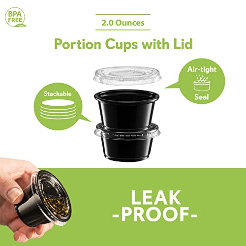 {2 oz - 100 Sets} Black Diposable Plastic Portion Cups With Lids, Small Mini Containers For Portion Controll, Jello Shots, Meal Prep, Sauce Cups, Slime, Condiments, Medicine, Dressings, Crafts, Disposable Souffle Cups & Much more
