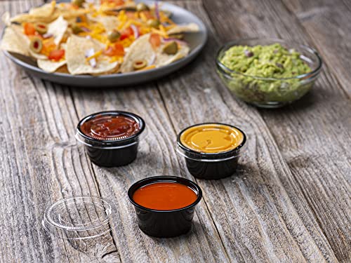 {2 oz - 100 Sets} Black Diposable Plastic Portion Cups With Lids, Small Mini Containers For Portion Controll, Jello Shots, Meal Prep, Sauce Cups, Slime, Condiments, Medicine, Dressings, Crafts, Disposable Souffle Cups & Much more