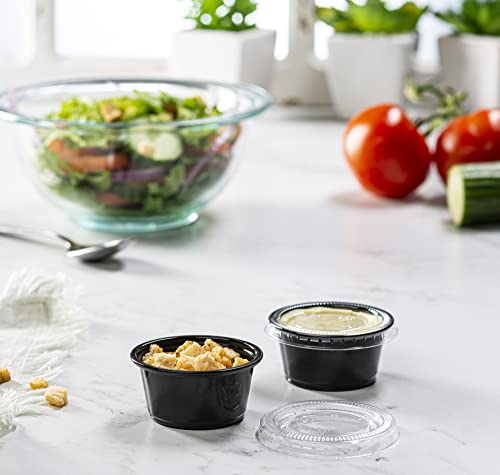 {2 oz - 100 Sets} Black Diposable Plastic Portion Cups With Lids, Small Mini Containers For Portion Controll, Jello Shots, Meal Prep, Sauce Cups, Slime, Condiments, Medicine, Dressings, Crafts, Disposable Souffle Cups & Much more