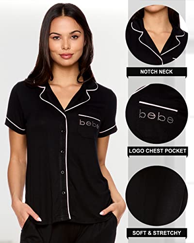 bebe Womens 2 Piece Short Sleeve Button Down Shirt and Long Pants Bridesmaid Pajamas Set (Black, X-Large)