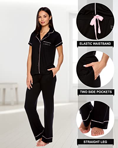 bebe Womens 2 Piece Short Sleeve Button Down Shirt and Long Pants Bridesmaid Pajamas Set (Black, X-Large)