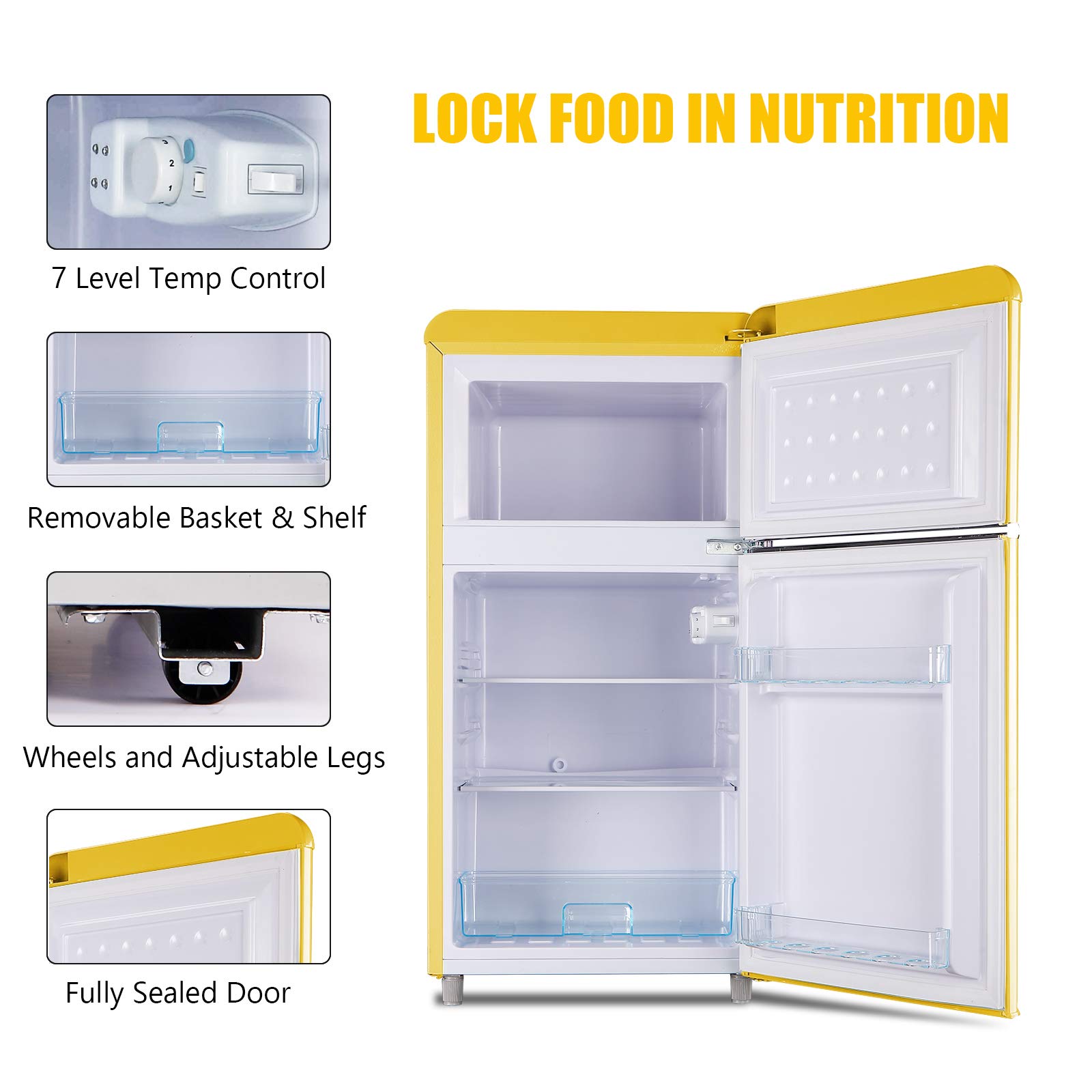 WANAI Compact Refrigerator, 3.5 Cu.Ft Retro Mini Fridge with Freezer, Dual Door Small Refrigerator with 7 TEMP Modes, LED Lights, Removable Shelves, Ideal for Bedroom Dorm Office Apartment