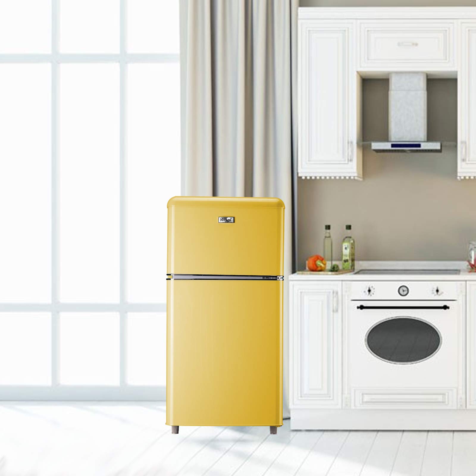 WANAI Compact Refrigerator, 3.5 Cu.Ft Retro Mini Fridge with Freezer, Dual Door Small Refrigerator with 7 TEMP Modes, LED Lights, Removable Shelves, Ideal for Bedroom Dorm Office Apartment