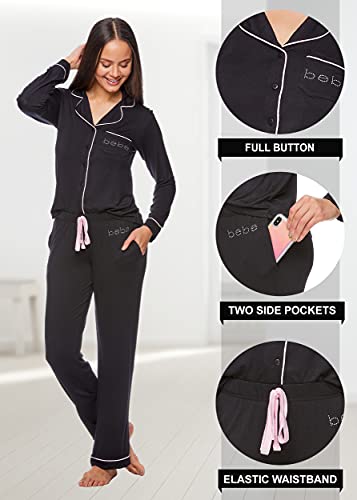 bebe Womens Pajama Sets - PJ Set for Women - Long Sleeve Button Down Shirt and Pamaja Pants Lounge Sleepwear Set (Black, Small)