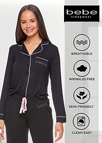 bebe Womens Pajama Sets - PJ Set for Women - Long Sleeve Button Down Shirt and Pamaja Pants Lounge Sleepwear Set (Black, Small)