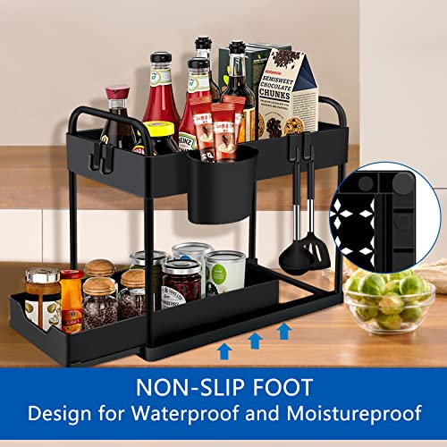 Under Sink Organizer, Sliding Cabinet Basket Organizer 2 Tier Under Bathroom Organizer with Hooks, Hanging Cup, Multi-purpose Under Sink Organization and Storage for Bathroom Kitchen