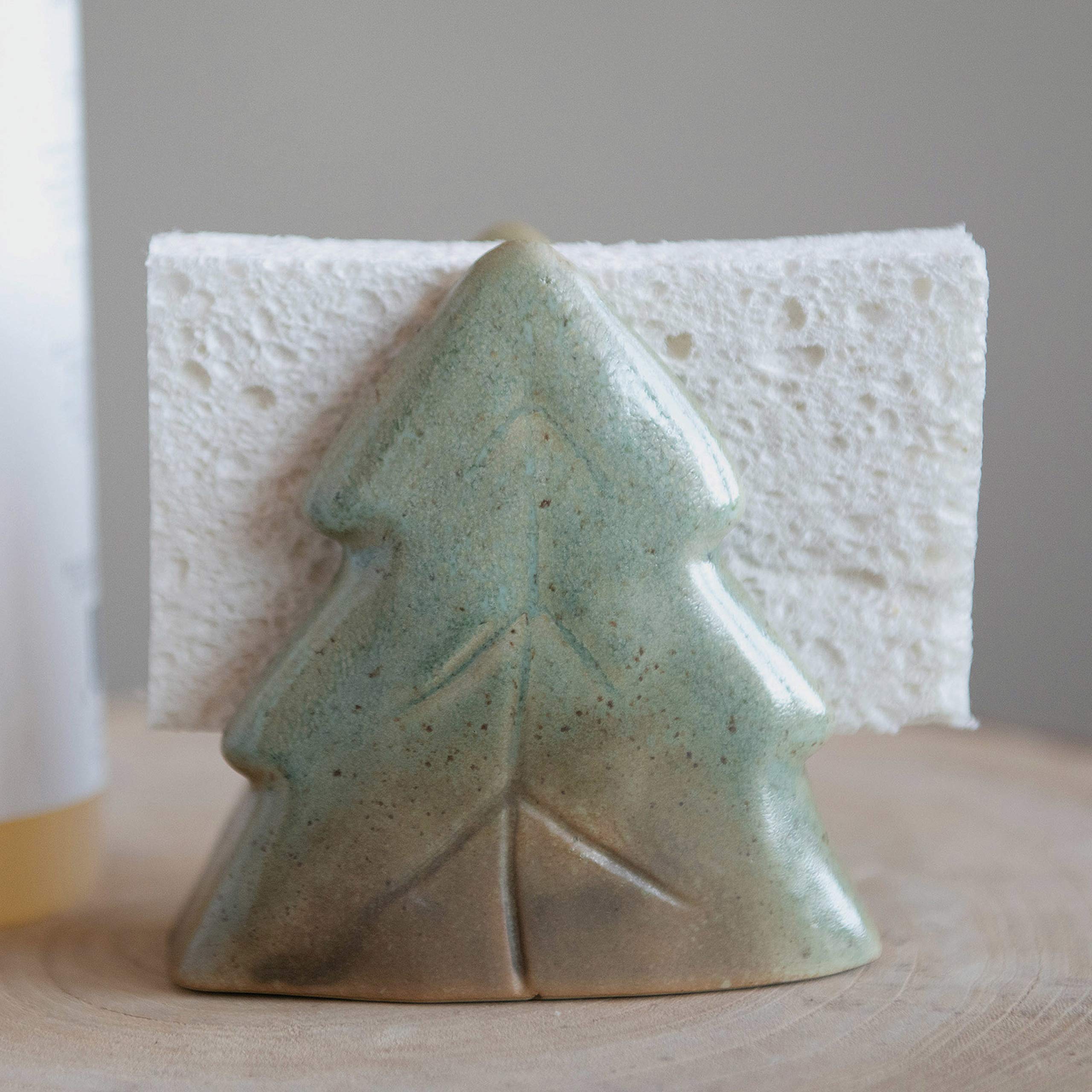 Creative Co-Op 4" L x 2-1/4"W x 4" H Stoneware Christmas Tree Sponge Holder, Reactive Glaze, Green (Each One Will Vary) Entertaining Tools, Multi