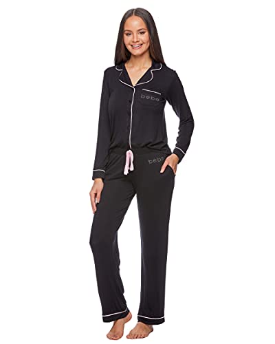 bebe Womens Pajama Sets - PJ Set for Women - Long Sleeve Button Down Shirt and Pamaja Pants Lounge Sleepwear Set (Black, Small)