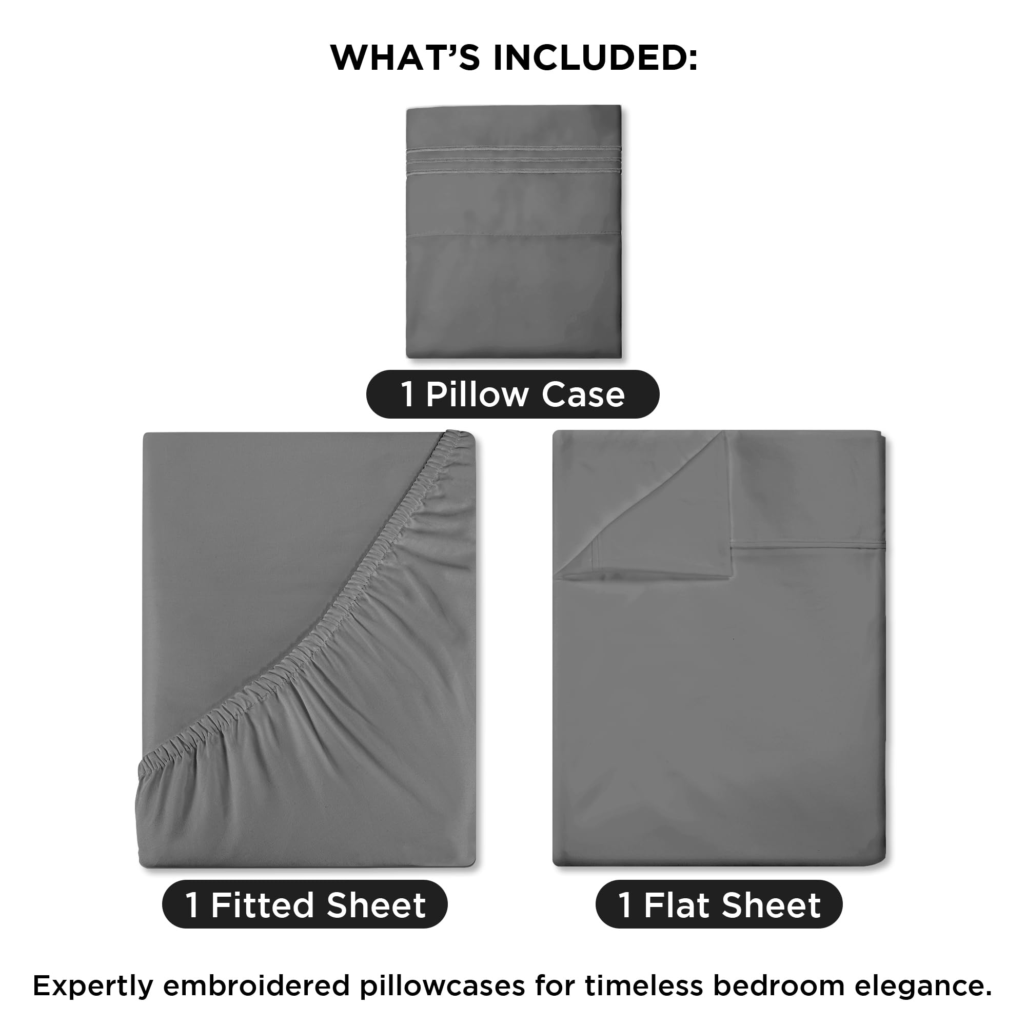 ROYALE LINENS 3 Piece Twin Sheets Set - Soft Brushed 1800 Microfiber Bedding - 1 Fitted and 1 Flat Sheet, 1 Pillow case - Wrinkle Free & Fade Resistant - Hotel Luxury Bed Sheets Set (Grey, Twin)