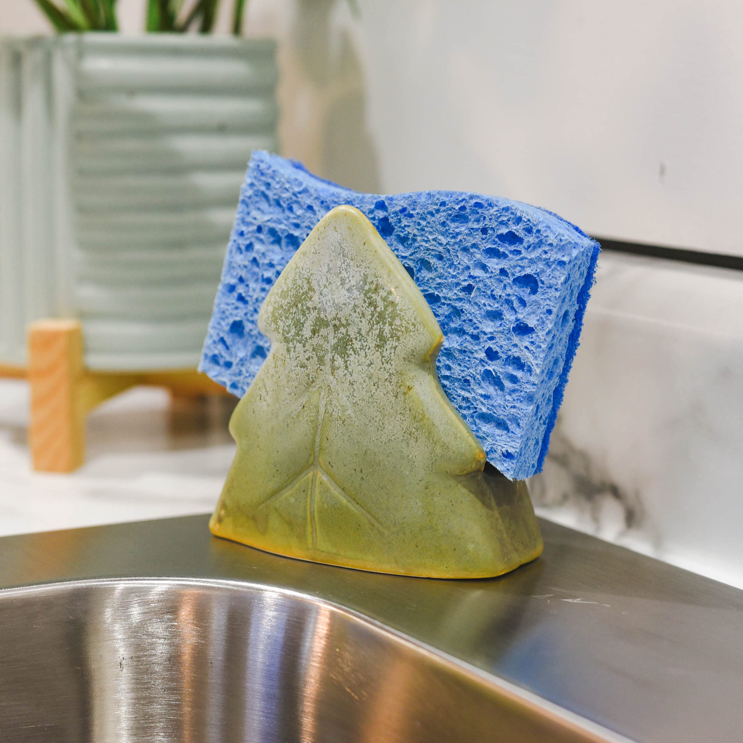 Creative Co-Op 4" L x 2-1/4"W x 4" H Stoneware Christmas Tree Sponge Holder, Reactive Glaze, Green (Each One Will Vary) Entertaining Tools, Multi