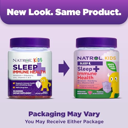 Natrol Kids Sleep+ Immune Health Gummies with Melatonin, Zinc, Vitamin C and D, Elderberry, 50 Raspberry Flavored Melatonin and Immune Health Gummies, 50 Day Supply