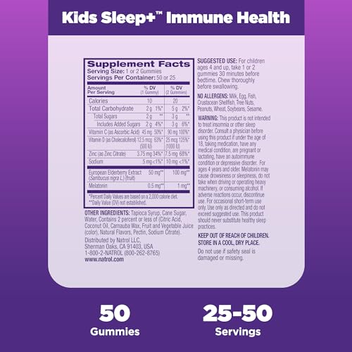 Natrol Kids Sleep+ Immune Health Gummies with Melatonin, Zinc, Vitamin C and D, Elderberry, 50 Raspberry Flavored Melatonin and Immune Health Gummies, 50 Day Supply