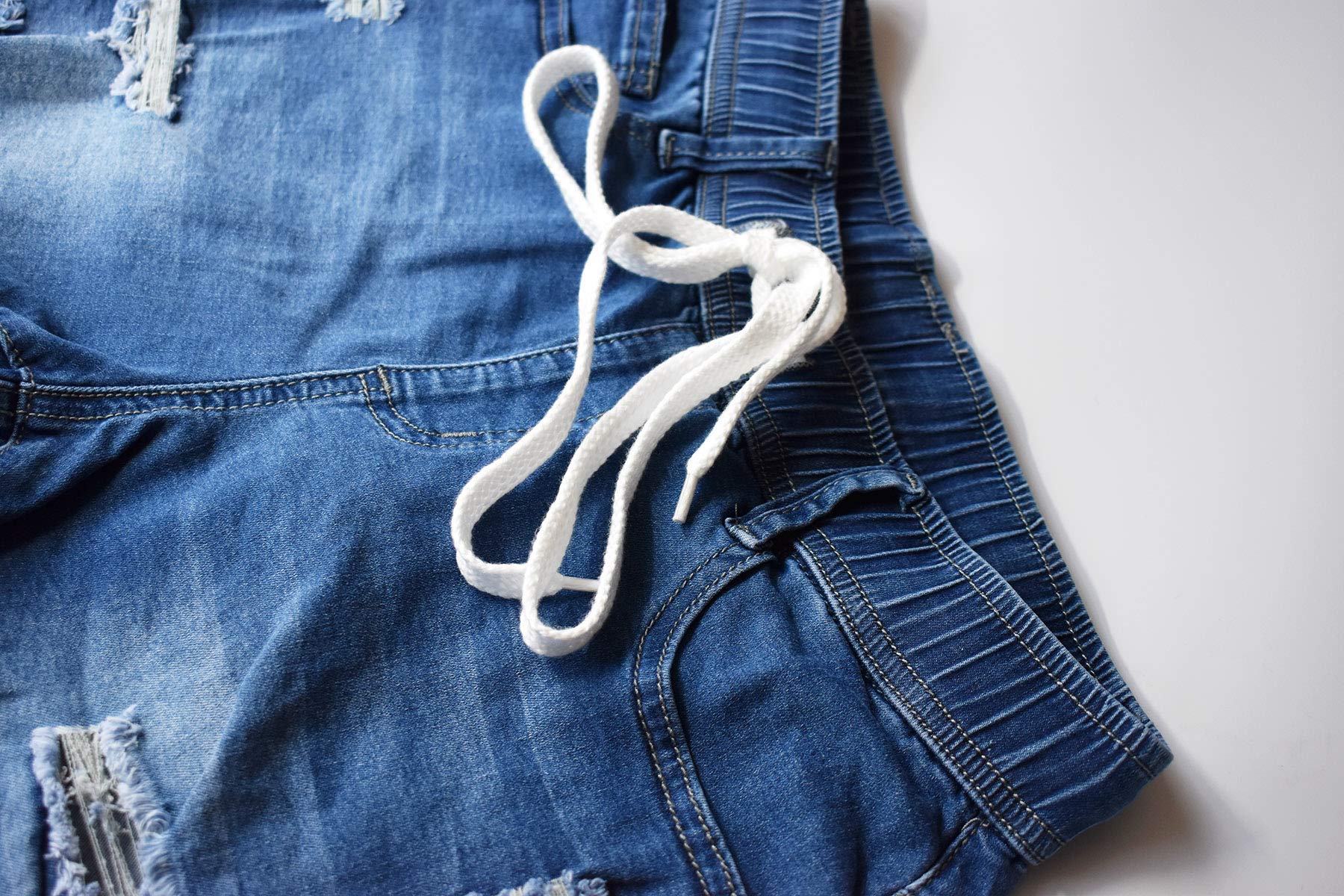 Atditama Women's Elastic Drawstring Waist Skinny Stretch Slim Mid-Waist 3" Inseam Ripped Distressed Ultra Short Jeans Blue US 16