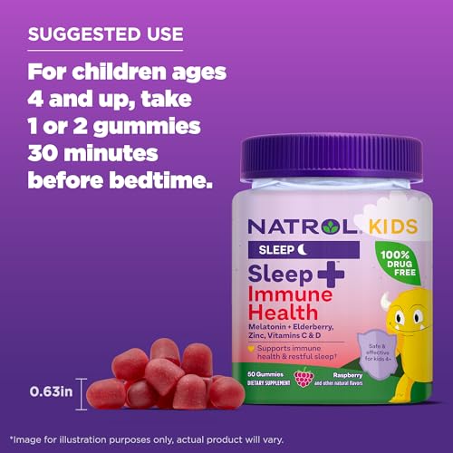 Natrol Kids Sleep+ Immune Health Gummies with Melatonin, Zinc, Vitamin C and D, Elderberry, 50 Raspberry Flavored Melatonin and Immune Health Gummies, 50 Day Supply