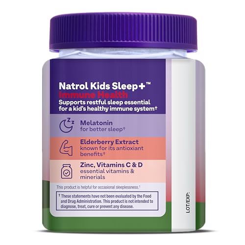 Natrol Kids Sleep+ Immune Health Gummies with Melatonin, Zinc, Vitamin C and D, Elderberry, 50 Raspberry Flavored Melatonin and Immune Health Gummies, 50 Day Supply
