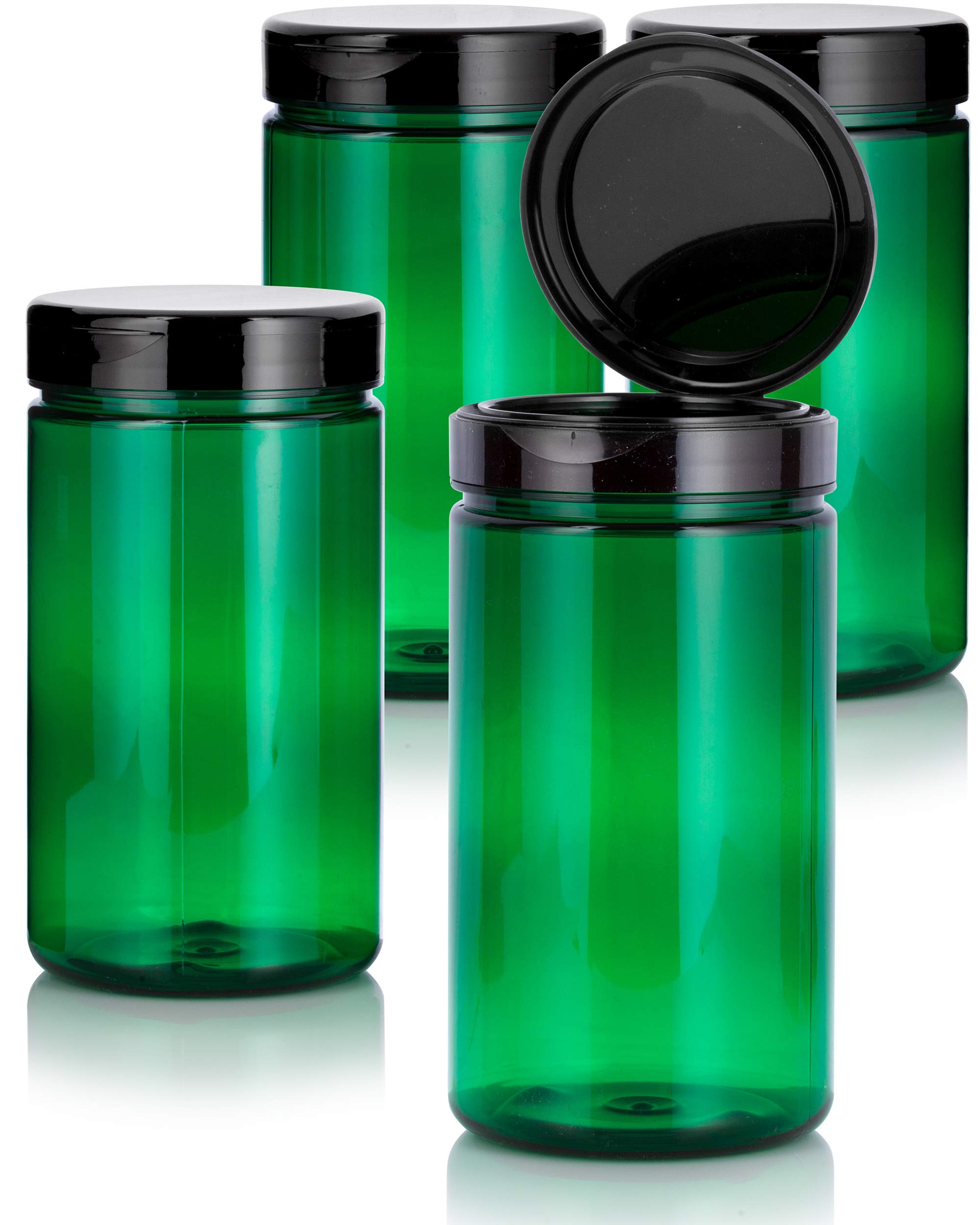 JUVITUS 32 oz Green Plastic PET Refillable Jar (BPA Free) with Black Flip Top Cap (4 pack)