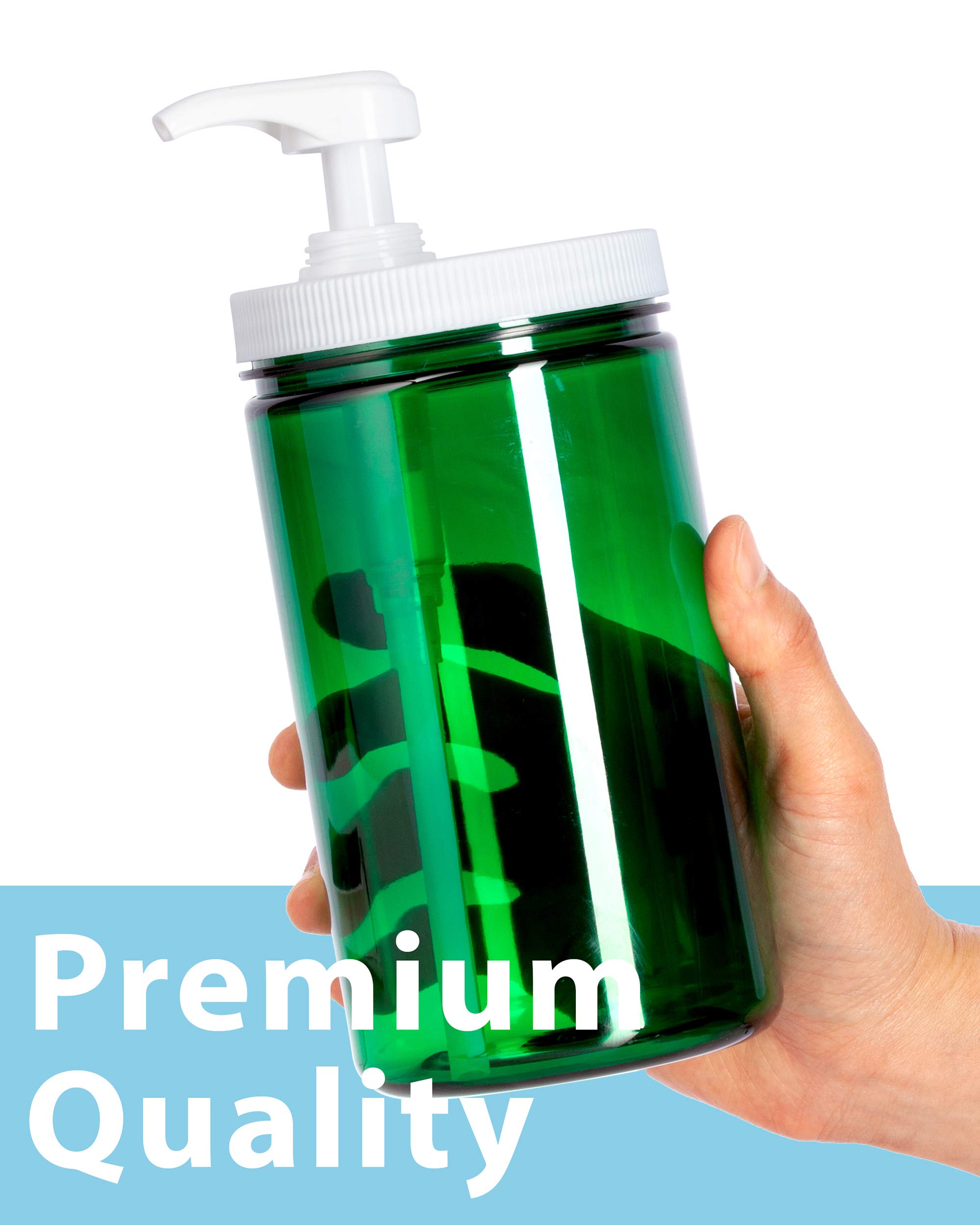 JUVITUS 32 oz Green Plastic PET Refillable Jar (BPA Free) with Heavy Duty Twist Lock Cream Lotion Pump (4 pack)