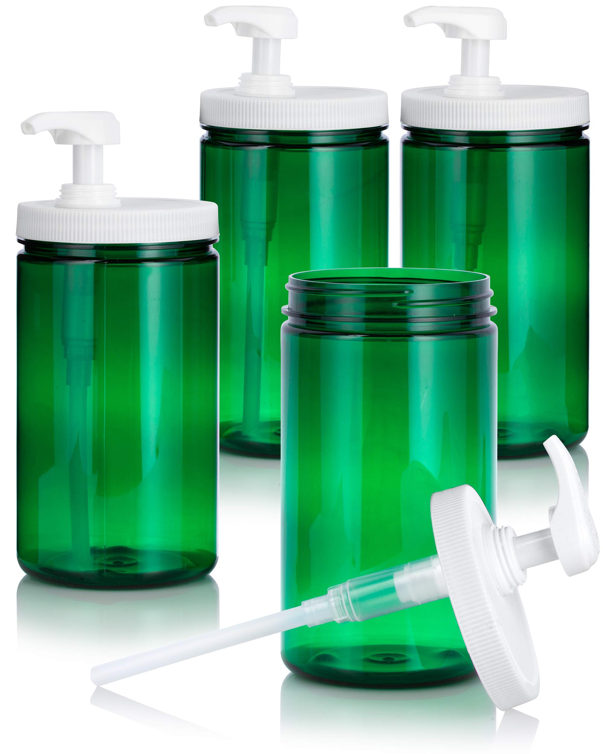 JUVITUS 32 oz Green Plastic PET Refillable Jar (BPA Free) with Heavy Duty Twist Lock Cream Lotion Pump (4 pack)