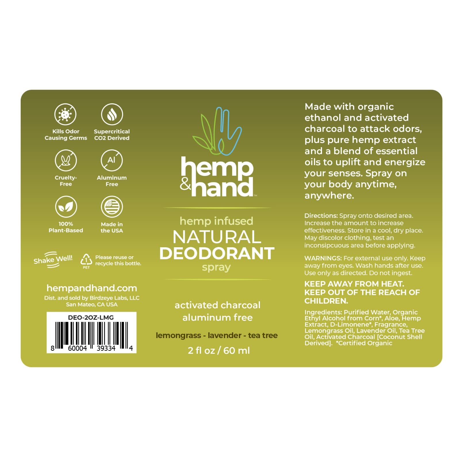 All Natural Hemp Deodorant Spray (Lemongrass & Tea Tree) for Women and Men with Activated Charcoal, Vegan and Aluminum Free (3-Pack) - by Hemp and Hand