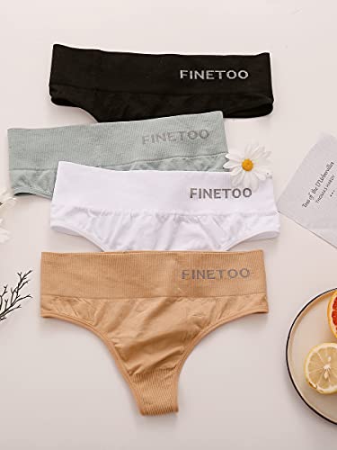 FINETOO 4 Pack High Waist Thongs for Women Breathable Underwear Soft Stretchy Nylon Spandex No Side Seam Panties(M)