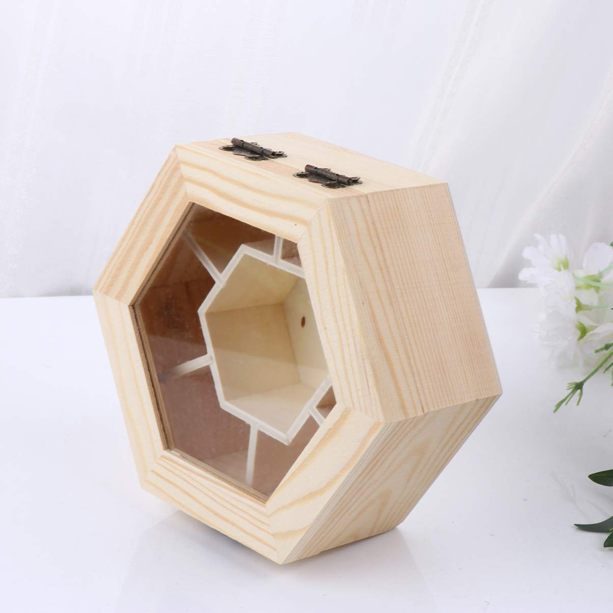 Wood Jewelry Storage Box with Hinged Lid Window DIY Hexagon Jewelry Display Case Desktop Compartment Sundries Organizer Unfinished Holder Box Table Organizer