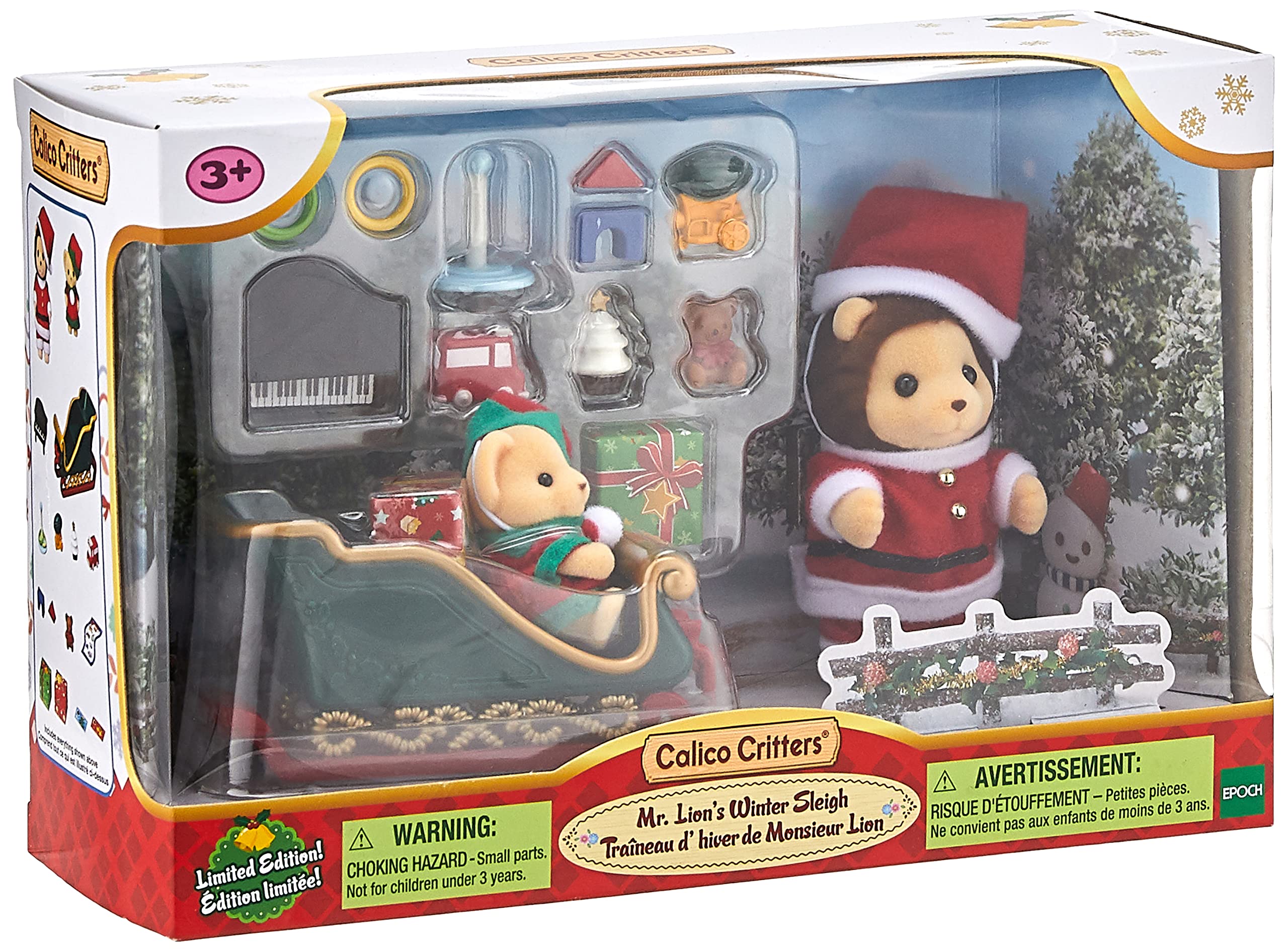 Calico Critters Mr. Lion's Winter Sleigh, Limited Edition Seasonal Holiday Set with 2 Collectible Doll Figures and Accessories