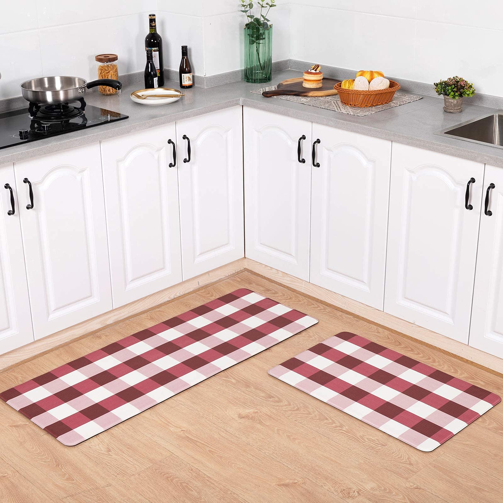 Carvapet Buffalo Plaid Kitchen Rug 2 PCS Cushioned Anti-Fatigue Kitchen Mat Waterproof Non-Slip PVC Ergonomic Comfort Standing Foam Mats for Office Laundry, Rose&White, 17.3''x27.5''+17.3''x47.2''