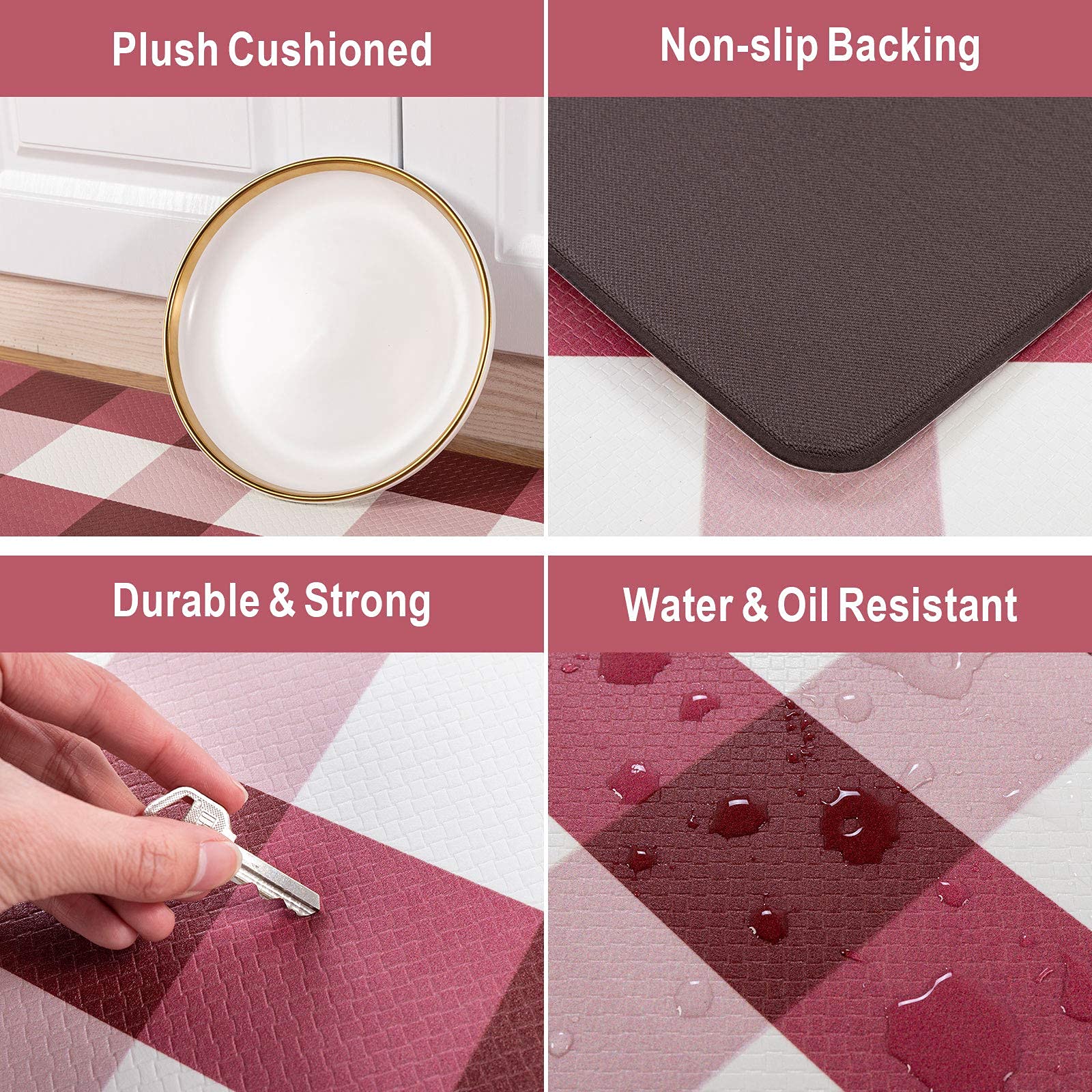 Carvapet Buffalo Plaid Kitchen Rug 2 PCS Cushioned Anti-Fatigue Kitchen Mat Waterproof Non-Slip PVC Ergonomic Comfort Standing Foam Mats for Office Laundry, Rose&White, 17.3''x27.5''+17.3''x47.2''