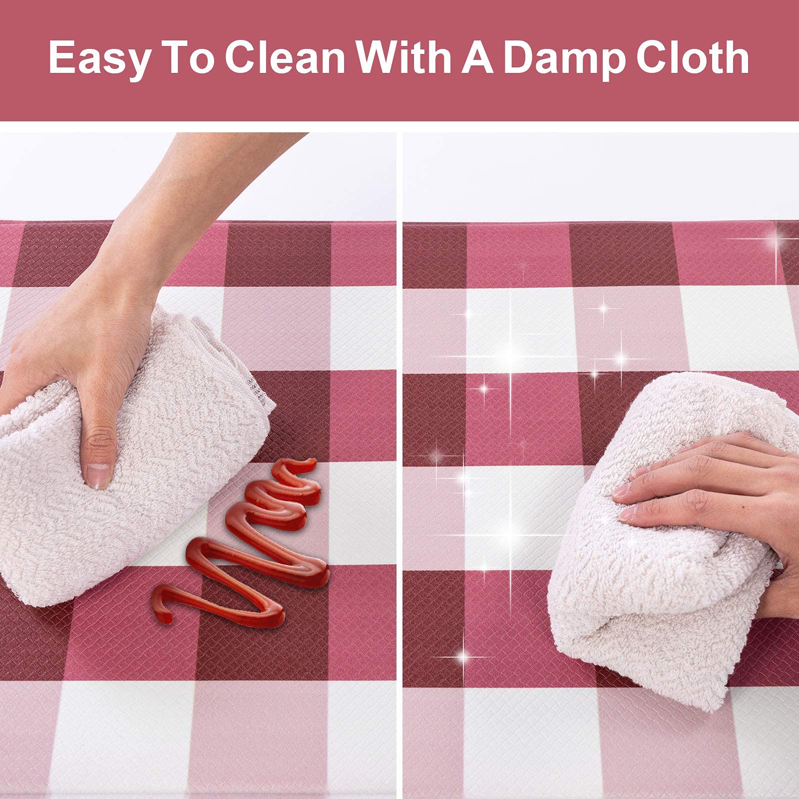Carvapet Buffalo Plaid Kitchen Rug 2 PCS Cushioned Anti-Fatigue Kitchen Mat Waterproof Non-Slip PVC Ergonomic Comfort Standing Foam Mats for Office Laundry, Rose&White, 17.3''x27.5''+17.3''x47.2''