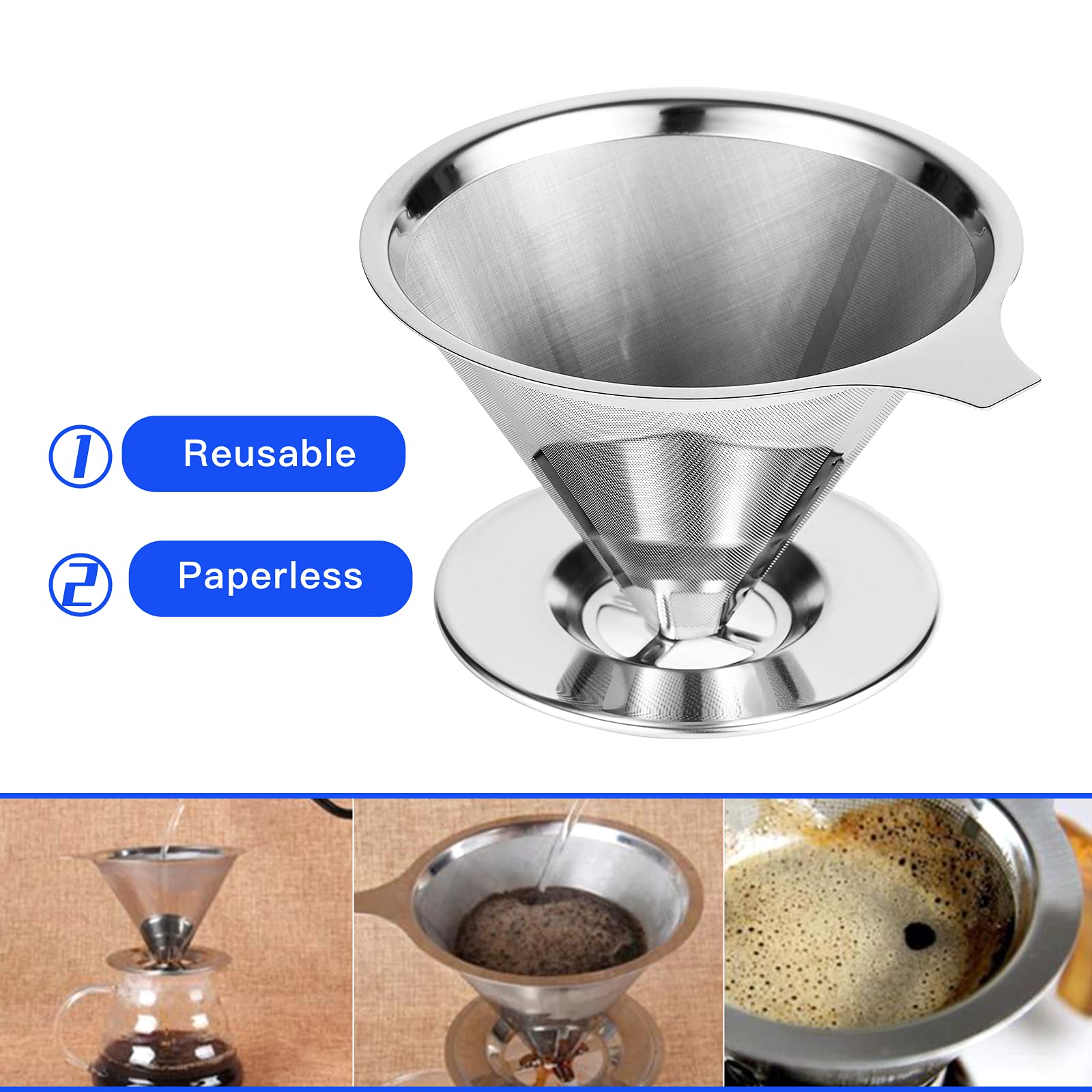 Pour Over Paperless Coffee Dripper, Reusable Stainless Steel Pour Over Coffee Filter With Cup Stand , For Chemex and Most Coffee Pot, Tumbler, Mug