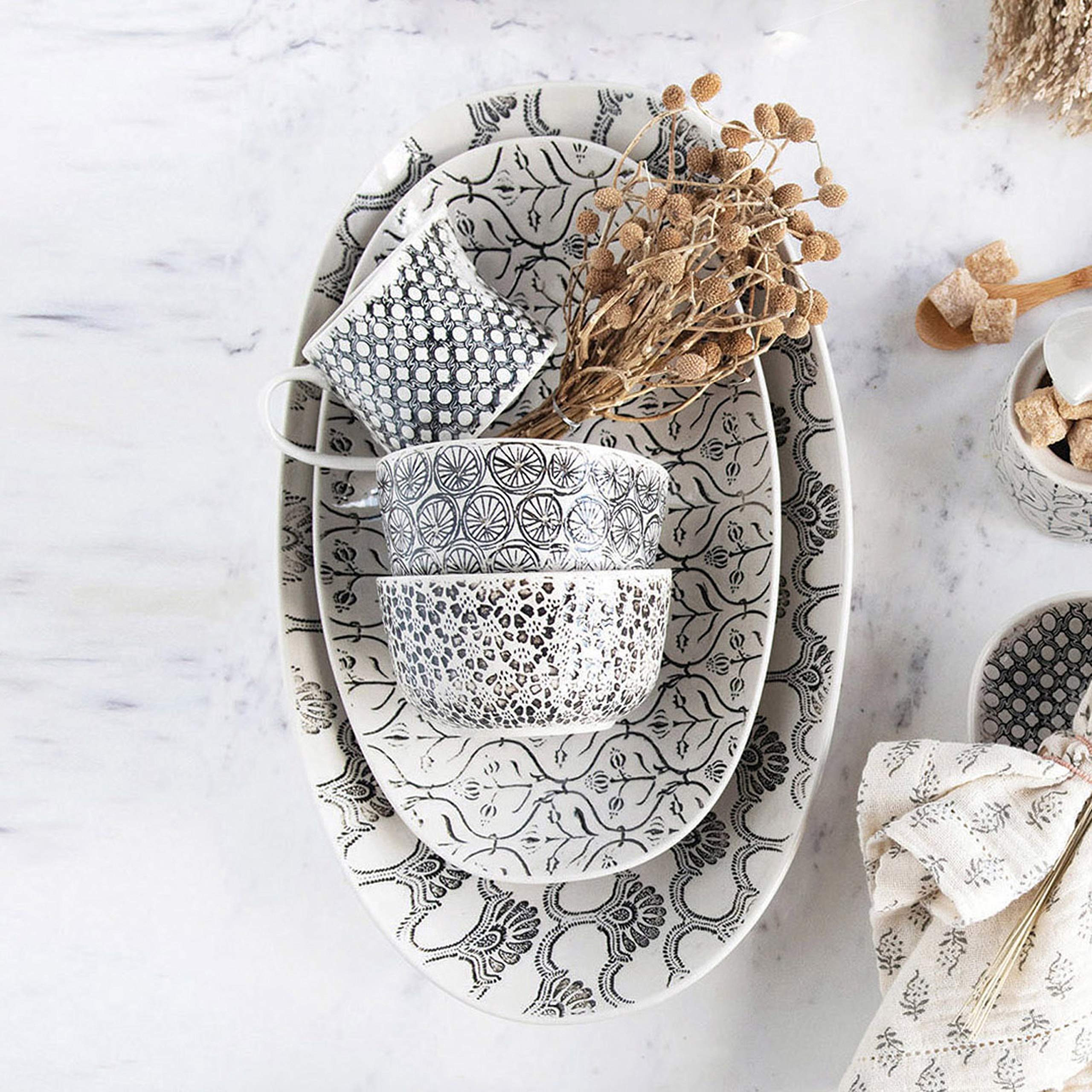 Creative Co-Op Hand-Stamped Stoneware Serving Bowl with Embossed Pattern, Black & Cream Color