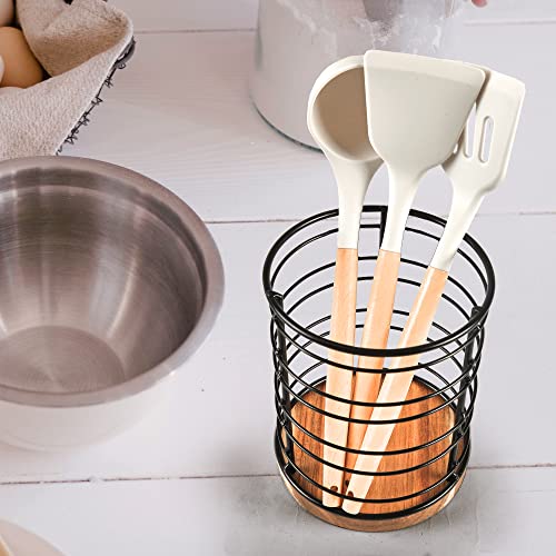 Utensil Holder for Kitchen Counter, Black Metal Wire Cooking Utensil Holder with Acacia Wooden Base, Large Kitchen Utensil Holder for Countertop