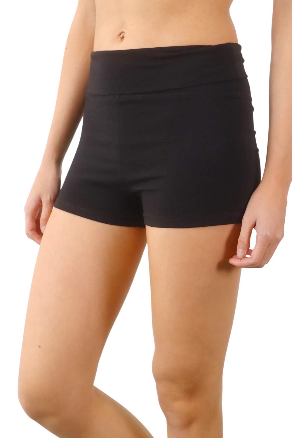 Pure Look Women’s Fold Over Waist Stretch Cotton Active Yoga Shorts, Large, Black