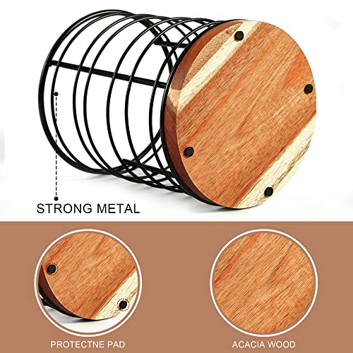 Utensil Holder for Kitchen Counter, Black Metal Wire Cooking Utensil Holder with Acacia Wooden Base, Large Kitchen Utensil Holder for Countertop