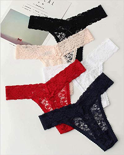ZBORH Women's Sexy Lace Cheeky Thong Underwear Nylon Hipster See Through Panties Pack of 5(Medium) Multicolor