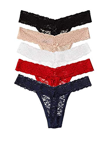 ZBORH Women's Sexy Lace Cheeky Thong Underwear Nylon Hipster See Through Panties Pack of 5(Medium) Multicolor