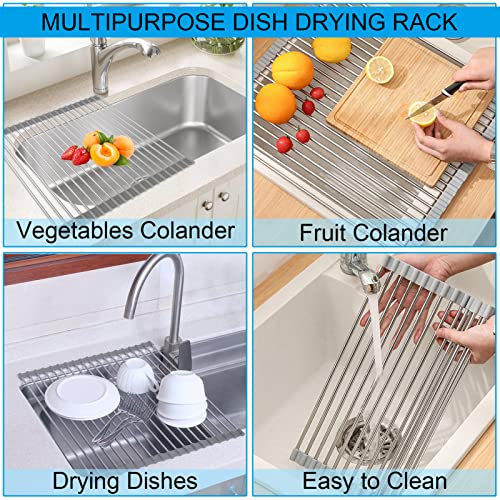 Haydyson Roll Up Dish Drying Rack, 17.5" x 15.7", Multipurpose Sink Drying Rack, Stainless Steel Sink Rack Dish Drainer Heat Resistant Dish Racks for Kitchen Counter