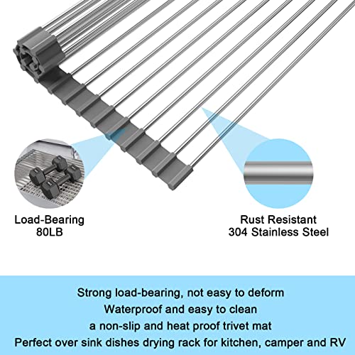 Haydyson Roll Up Dish Drying Rack, 17.5" x 15.7", Multipurpose Sink Drying Rack, Stainless Steel Sink Rack Dish Drainer Heat Resistant Dish Racks for Kitchen Counter
