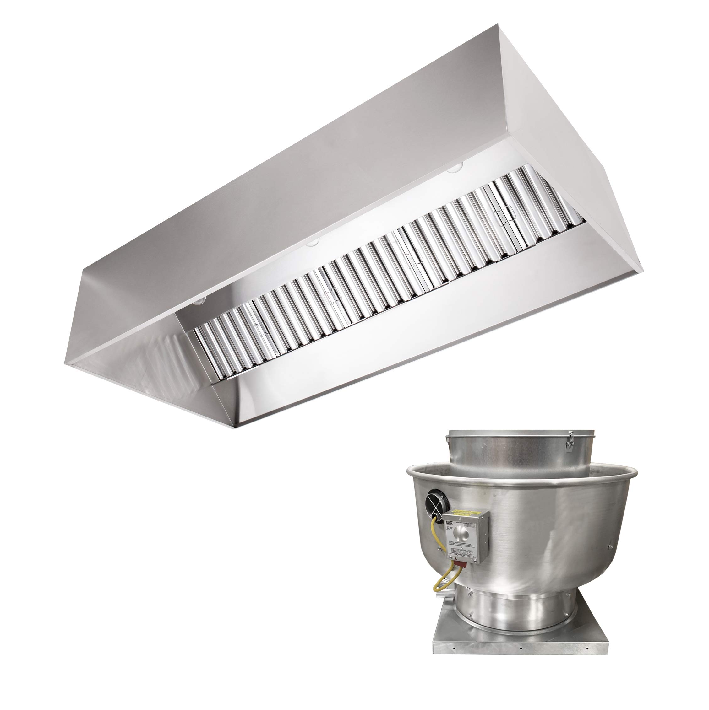 Stainless Steel Commercial Exhaust Only Hood System, Includes Stainless Steel Exhaust Only Hood, Rooftop Exhaust Fan, and Roof Curb (4' Wall Exhaust Only Hood & Fan)