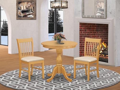 East West Furniture ESNF3-OAK-C 3 Piece Modern Dining Table Set Contains a Round Wooden Table with Pedestal and 2 Linen Fabric Upholstered Dining Chairs, 30x30 Inch, Oak